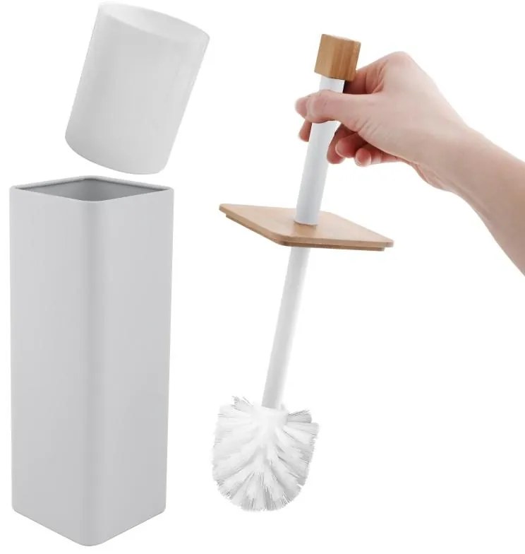 Erga Amba, hranatý toaletní WC kartáč na postavení, bílý matně-přírodní hnědý, ERG-YKA-PD.AMBA-WHT