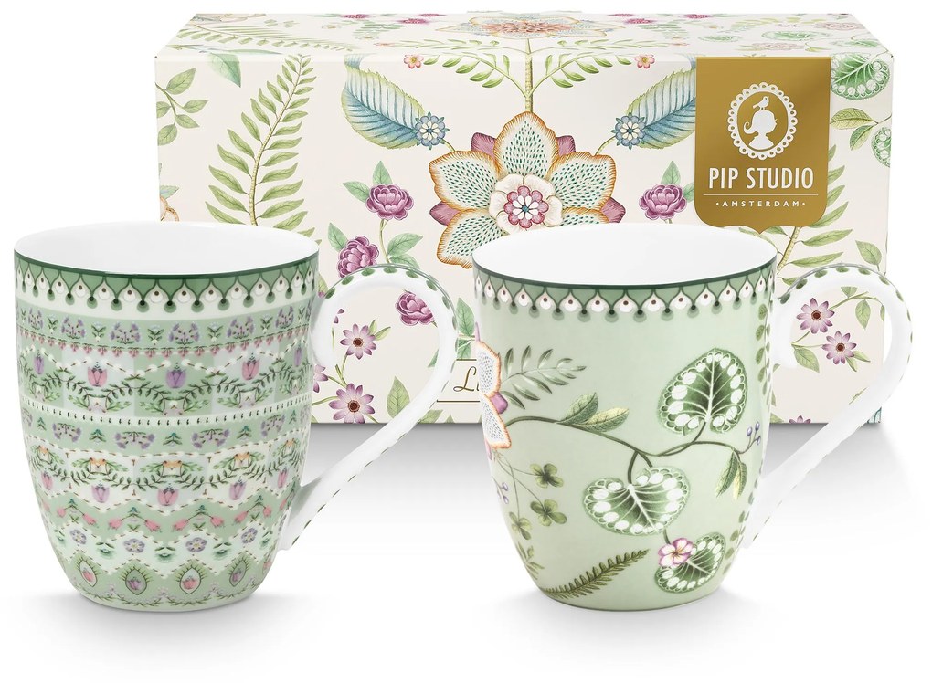 Pip Studio Lily &amp; Lotus sada 2 XL hrnků 440ml, zelená (sada 2 hrnků v dárkovém balení)