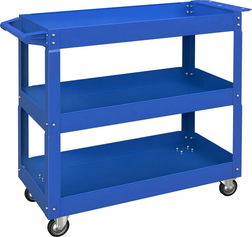 DURHAND Vozík na nářadí s kolečky, ocelový pracovní vozík se 3 policemi a bočním madlem pro domácí mechaniky, nosnost 150 kg, 83x35,3x76 cm, modrý | A