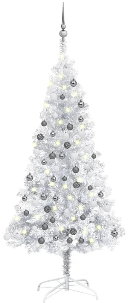 3077695 vidaXL Umělý vánoční stromek s LED a sadou koulí stříbrný 150 cm PET