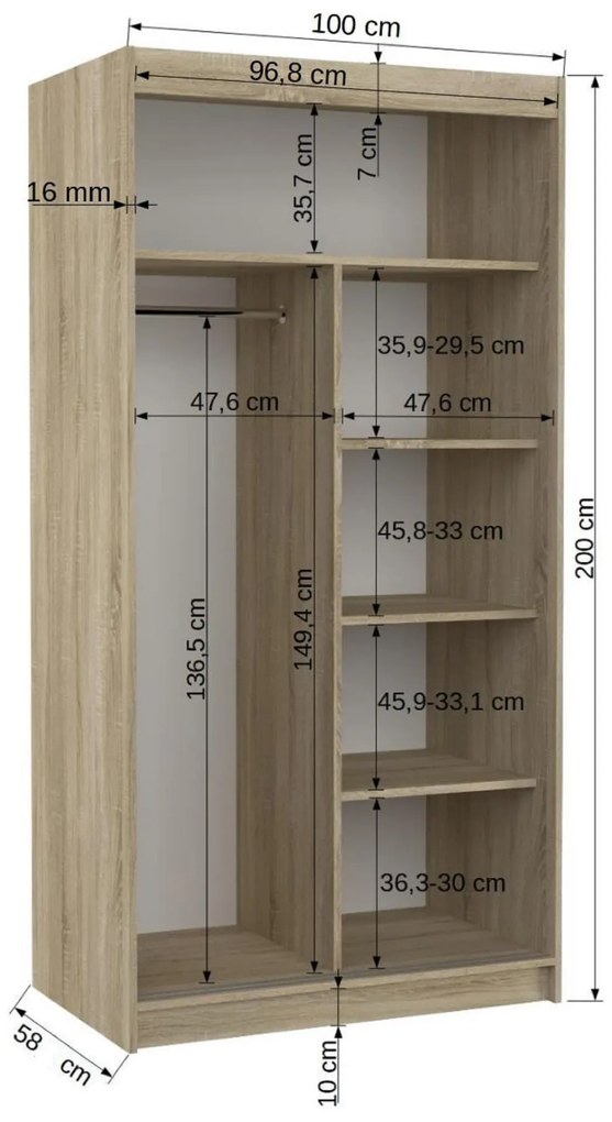 Šatní skříň s posuvnými dveřmi Tibago - 100 cm Barva: Bílá/dub Sonoma