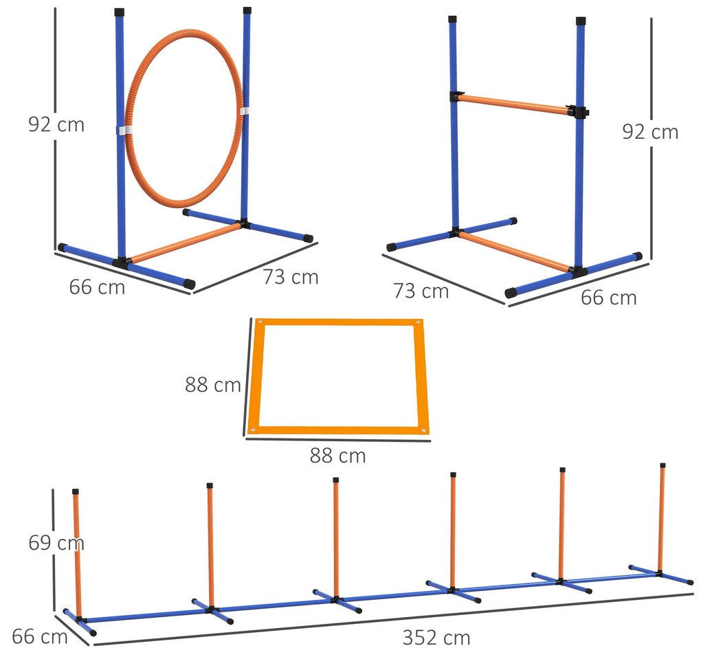 PawHut agility set pro psy se 4 výškově nastavitelnými agility překážkami, tyčemi, break boxem a skákacím kruhem pro efektivní výcvik psů