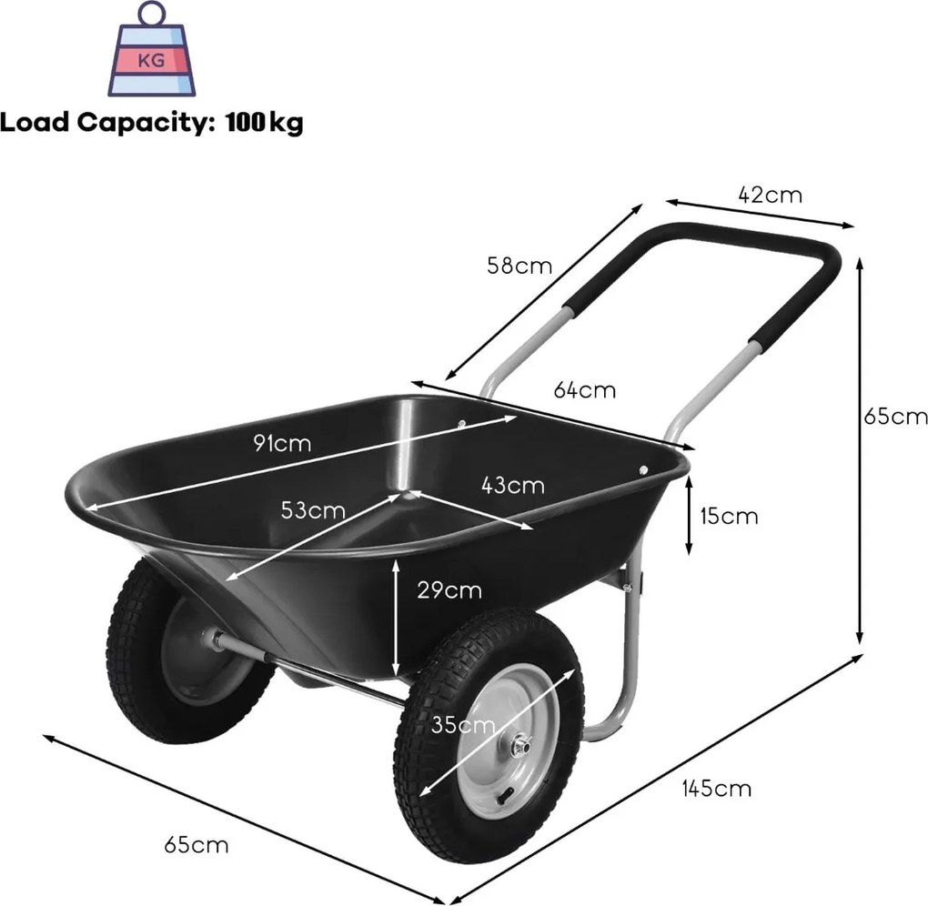 Costway Trakař se 2 kolečky těžká zásuvka na zahradu – 145 × 65 × 65 cm, černý