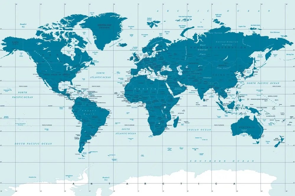 Tapeta politická mapa světa v modré barvě - 300x200 cm