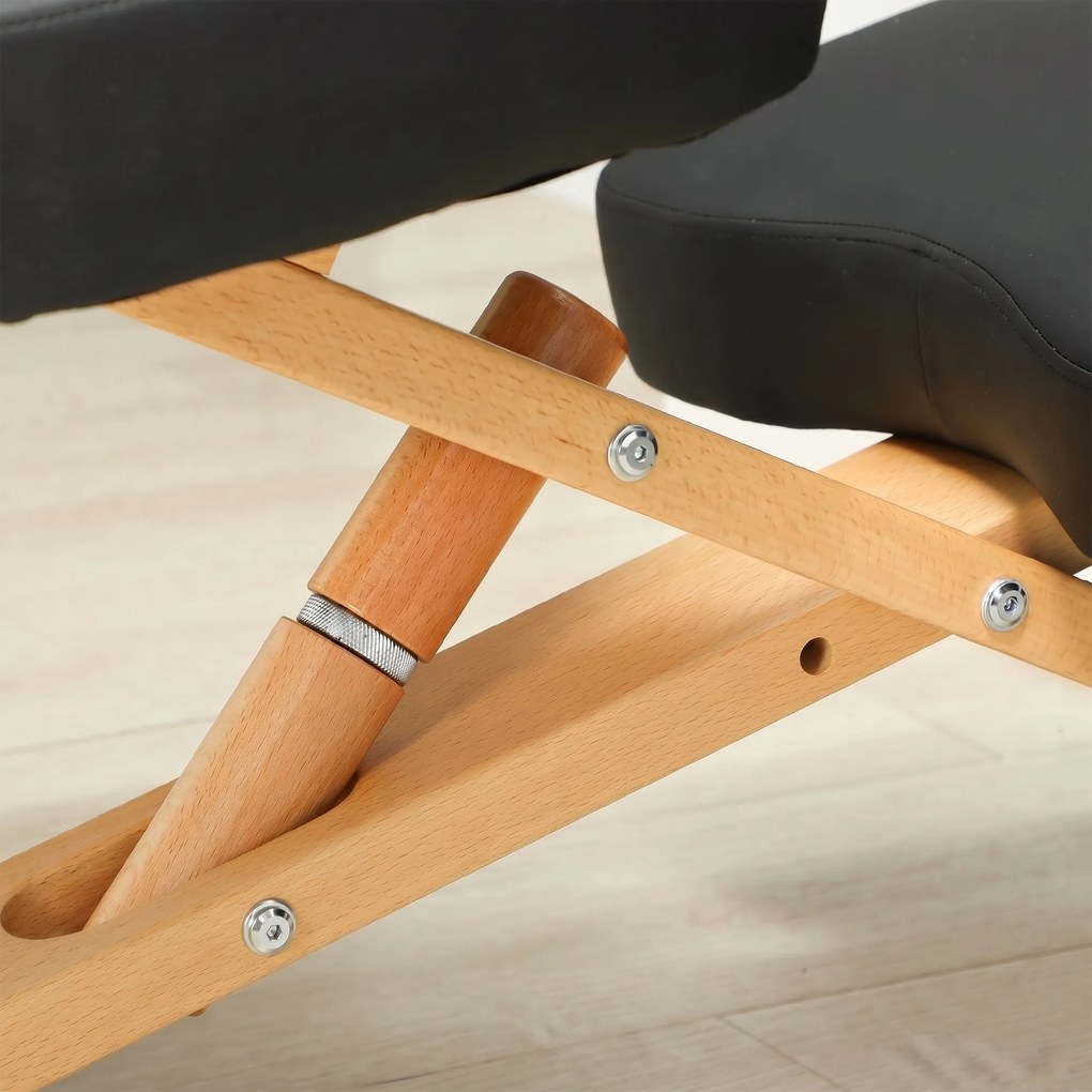 HOMCOM Ergonomická Výškově Nastavitelná Kolenní Židle, Ergonomická Židle do Kanceláře a Domova, Dřevěný Kolenní Stolek na Kolečkách, Černá