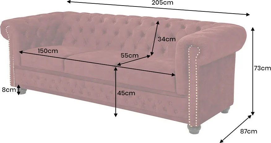 Designová trojsedačka Chesterfield 205 cm červený samet