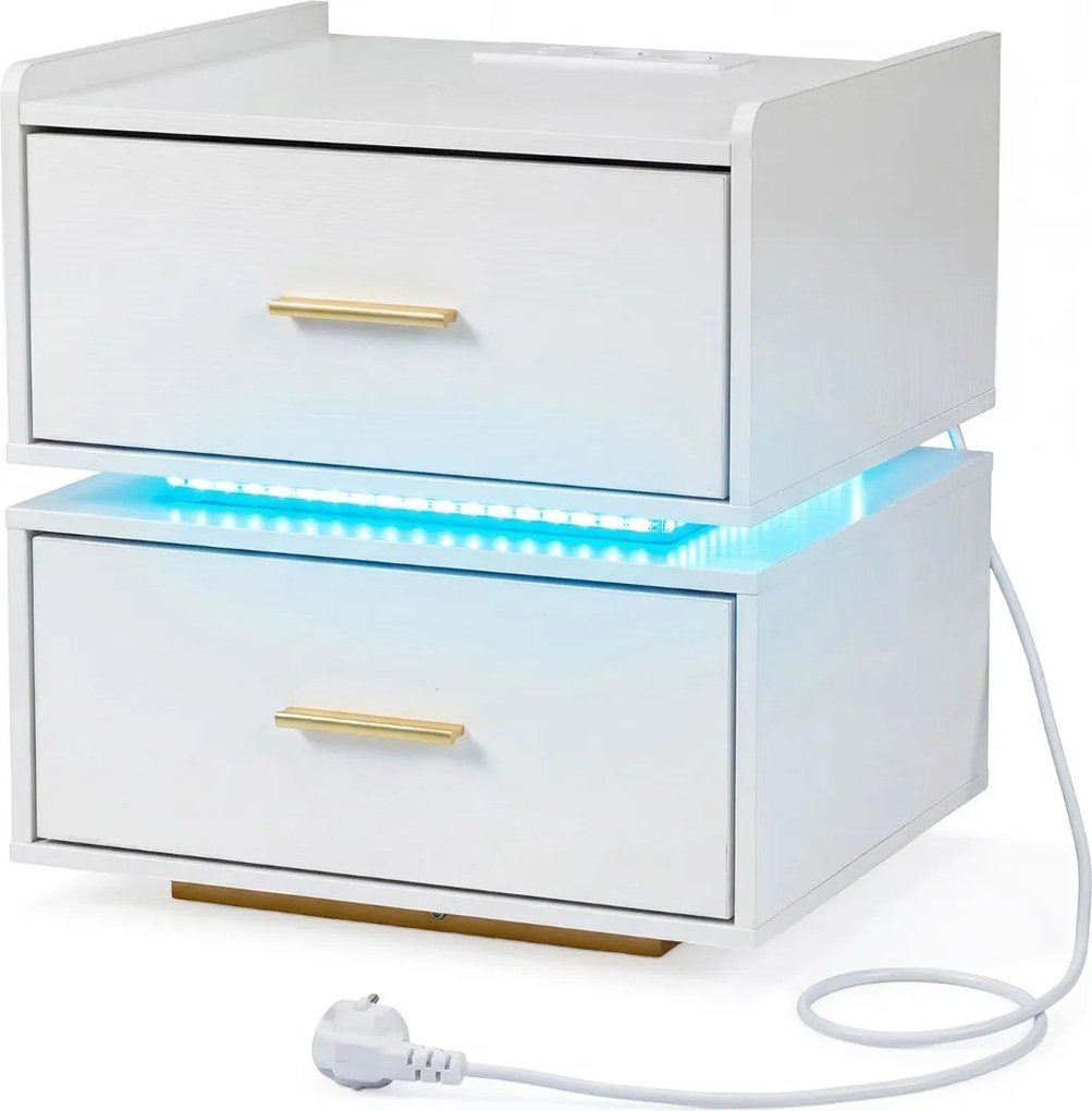 Costway Noční stolek s nabíjecí stanicí LED 2 zásuvkami moderní poloplovoucí