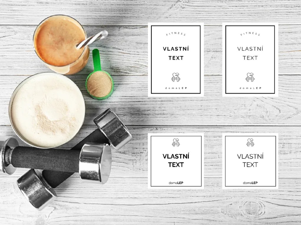 Samolepky na fitness potraviny s vlastním textem | DomaLEP varianta: PRŮHLEDNÁ - š. 6 cm x v. 8 cm - tučné písmo