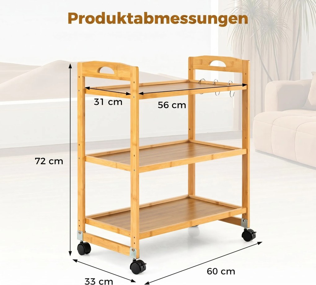 Costway Servírovací vozík s 3 úrovněmi kuchyňský vozík vyrobený z bambusu