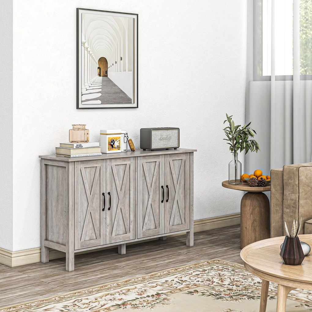 HOMCOM Nízká Skříň v Rustikálním Stylu s 2 Nastavitelnými Policemi, TV Bufet pro TV do 55 palců s 4 Dřevěnými Dvermi, 120x37x75 cm, Šedá