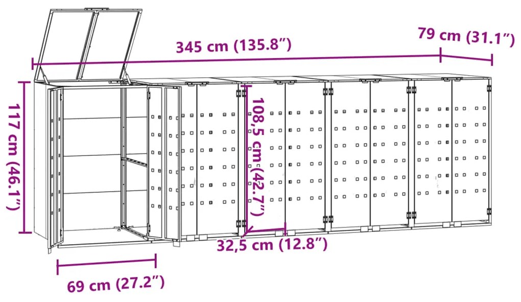 vidaXL Box na 5 popelnic antracitový 345 x 79 x 117 cm ocel
