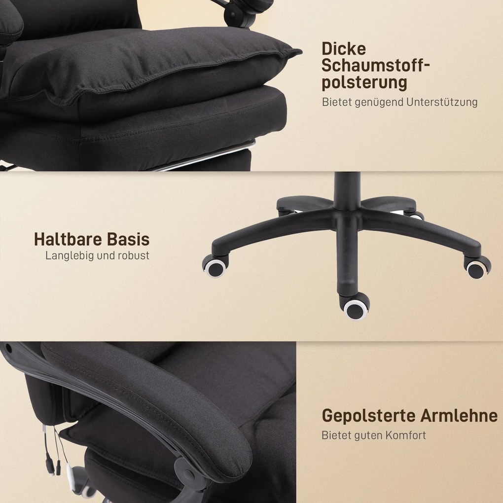 Masážní kancelářská židle Vinsetto s výsuvnou podnožkou, ergonomická kancelářská židle, výškově nastavitelná, černá