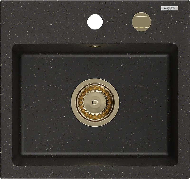 Mexen Milo, granitový dřez 435x410x171 mm, 1-komorový, černá-zlatá metalíza se zlatým sifonem, 6505441000-75-G