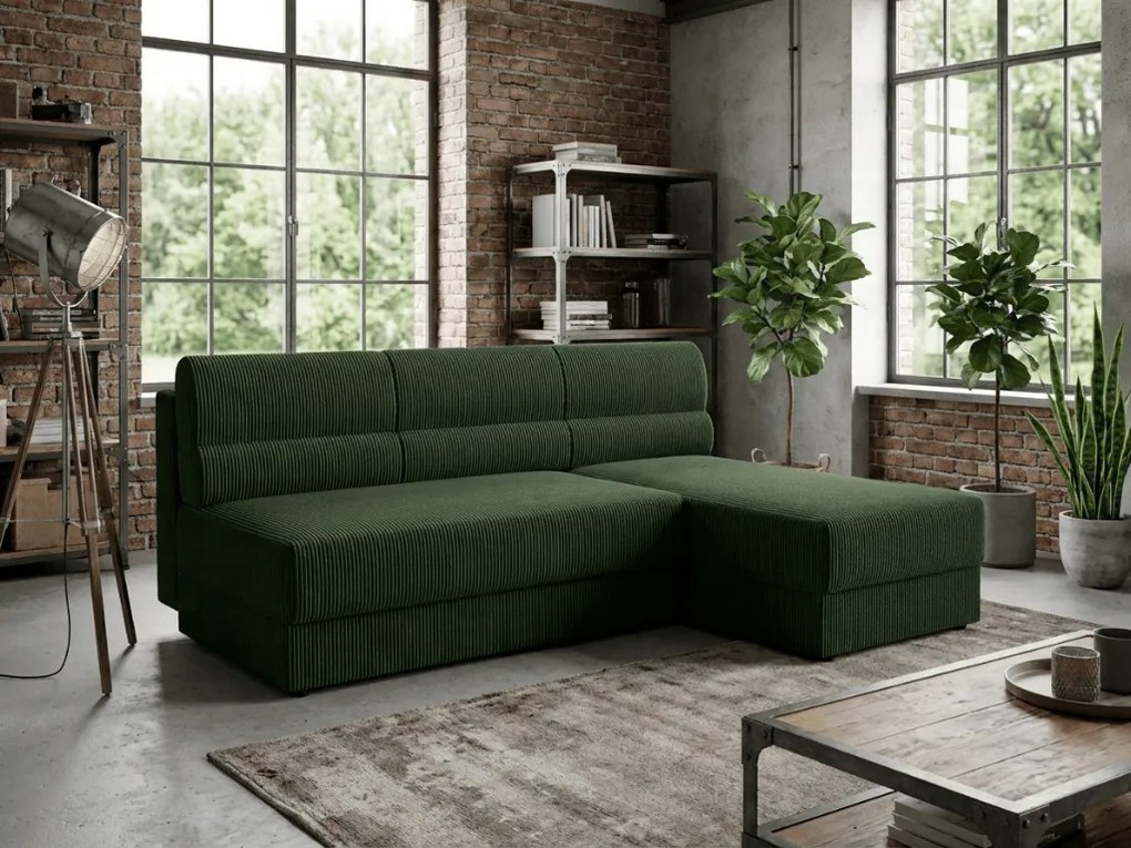 Rozkládací oboustranná sedací souprava do L TAVERO SLIM 201x140 cm, tmavě zelená
