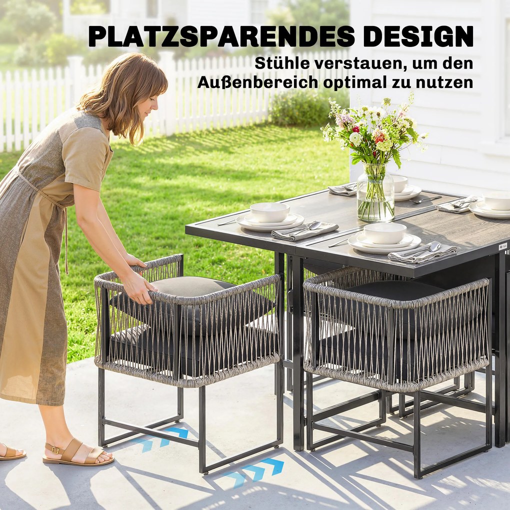 Outsunny Polyratanový zahradní nábytek 5dílná sedací souprava Úspora místa Stůl se 4 židlemi Stolní deska DPC Polštáře Šedá barva