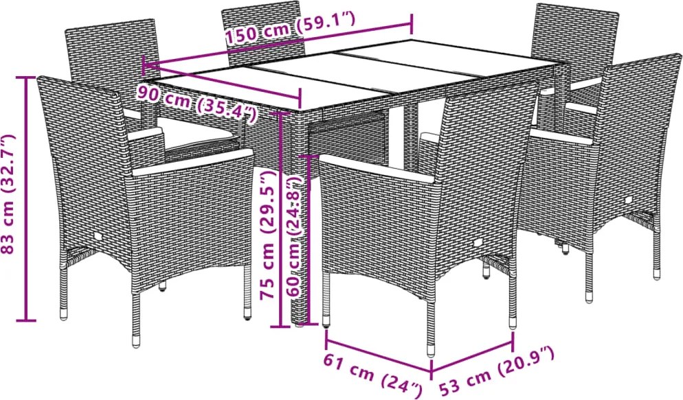 7dílný zahradní jídelní set s poduškami černý polyratan a sklo 3278648