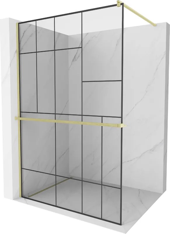 Mexen Kioto+, sprchová zástěna Walk-In s poličkou a věšákem 100 x 200 cm, 8mm čiré sklo černý vzor, ​​zlatý matný profil, 800-100-121-55-78