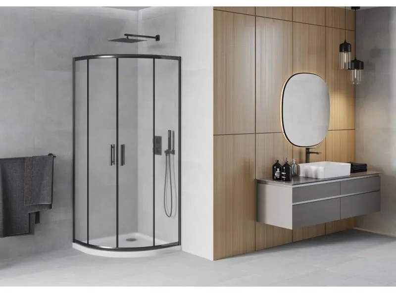 Mexen Rio, čtvrtkruhový sprchový kout 90(dveře)x90(dveře)x190 cm, 5mm sklo námraza, černý profil + bílá sprchová vanička SLIM, 863-090-090-70-30-4110B