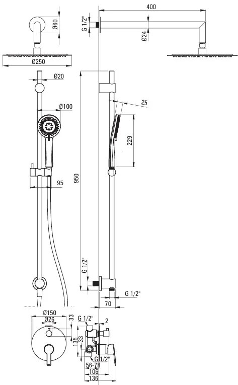 Deante Concealed shower set, with sliding bar - with shower head