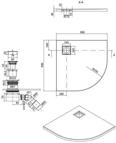 Cersanit Tako Slim, Čtvrtkruhová sprchová vanička 90x90x4 cm + šedý sifon, šedá matná, S932-160