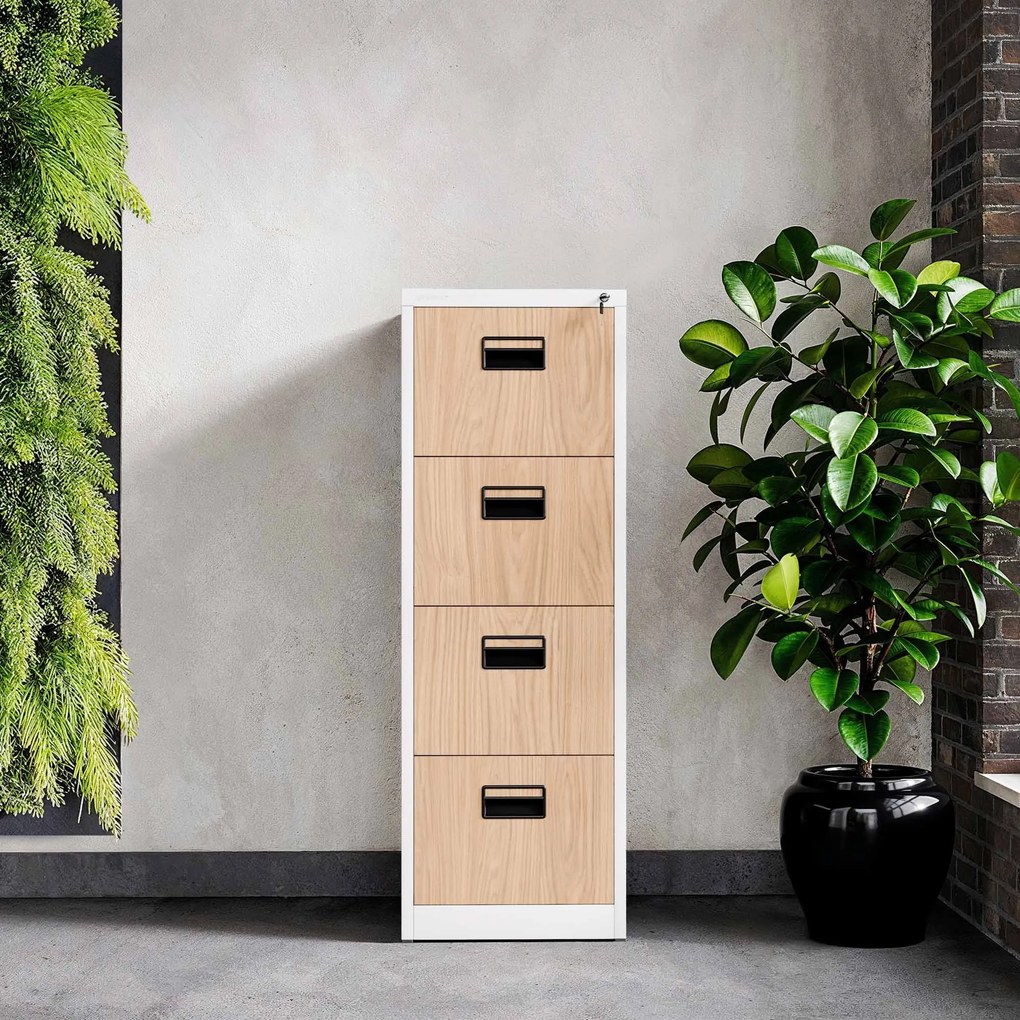 Kovová kartotéková skříň se 4 zásuvkami, bílá/dub sonoma, 460x1320x620 mm: SARA Eco Design