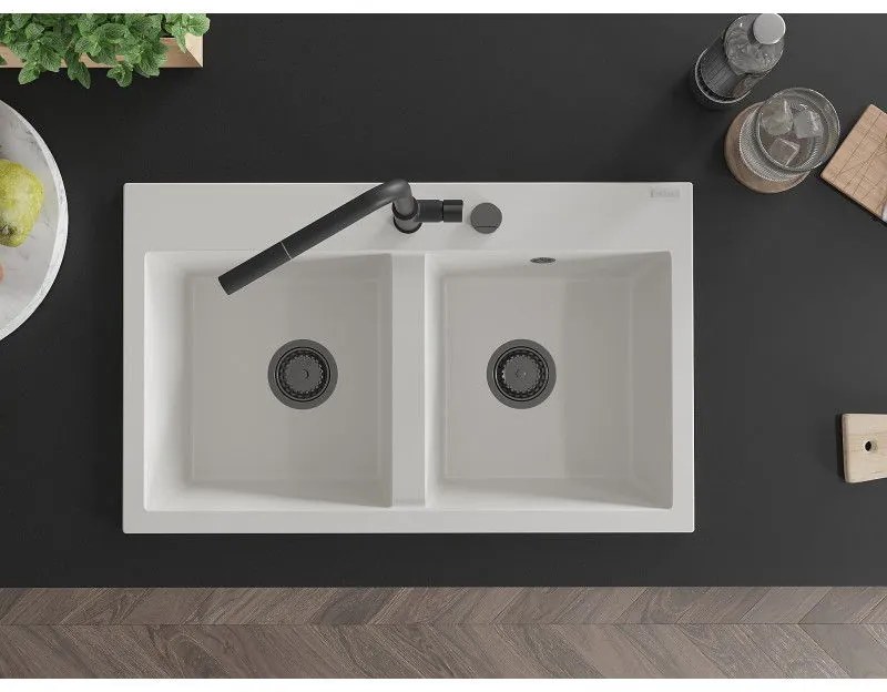 Mexen Hektor, 2-komorový granitový dřez 800x480x205 mm, bílá, grafitový sifon, 6521802000-20-B