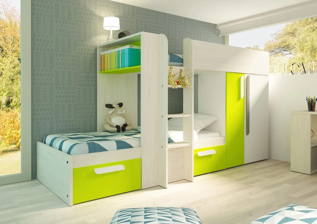 Aldo Patrová postel pro dvě děti Bo1 90x190 - bělená borovice, zelená