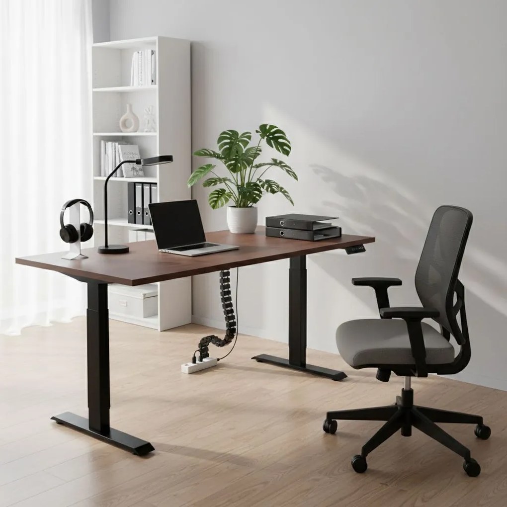 Výškově nastavitelný stůl OfficeTech D, 180 x 80 cm, černá podnož, ořech