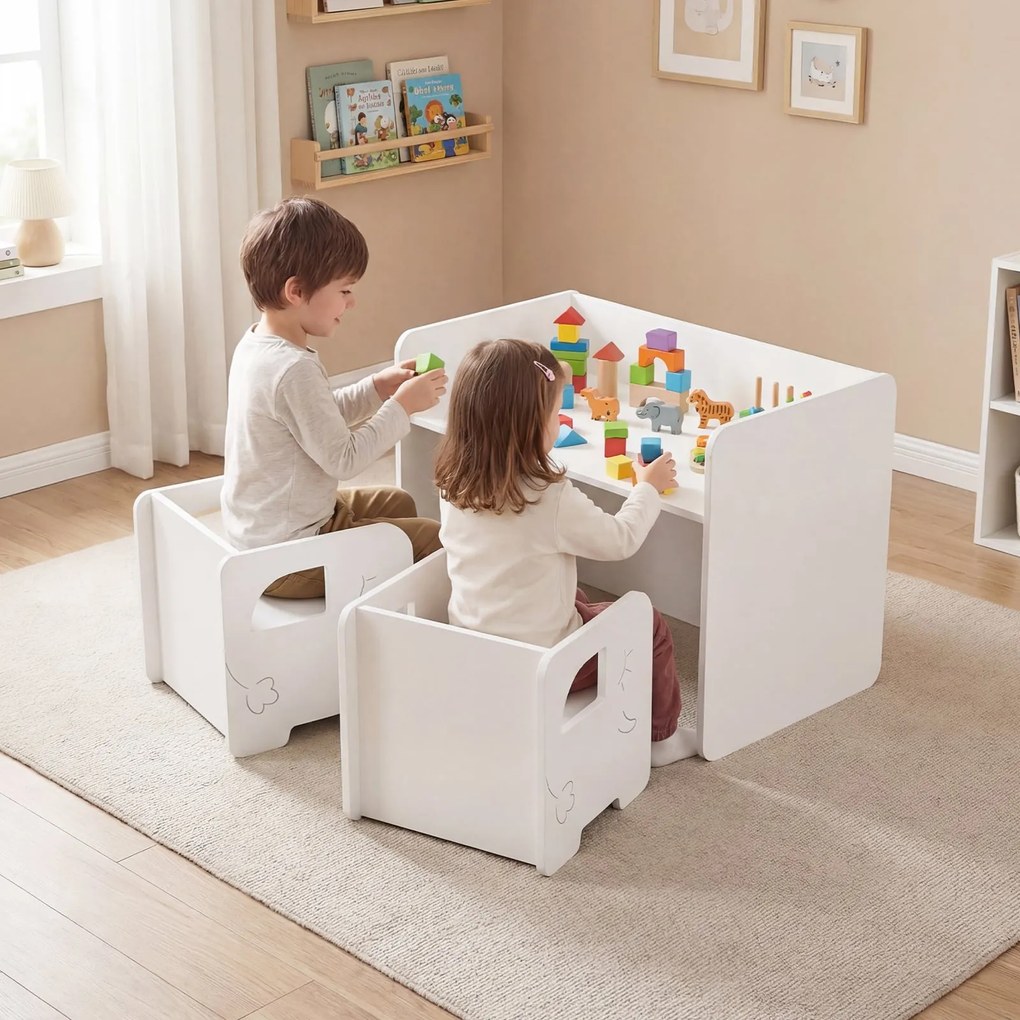 Costway Dětský stůl s 2 židličkami set a židlí s deskovým hracím stolem s – bílý
