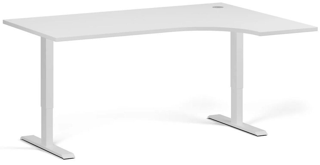 Rohový výškově nastavitelný stůl, 160x120 cm, 2 motory, L/P, bílá podnož, bílá