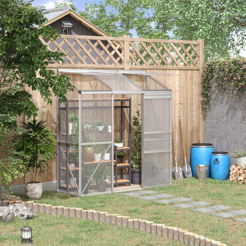 Skleník Outsunny Tomato house Skleník s posuvnými dveřmi a výklopnými střešními okny z polykarbonátu a hliníku Stříbrná 192 x 68 x 196 cm pro zahradn…
