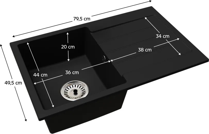 Granitový dřez se sifonem a odkapávací plochou, univerzální, černá, 79,5x49,5, ROVANA
