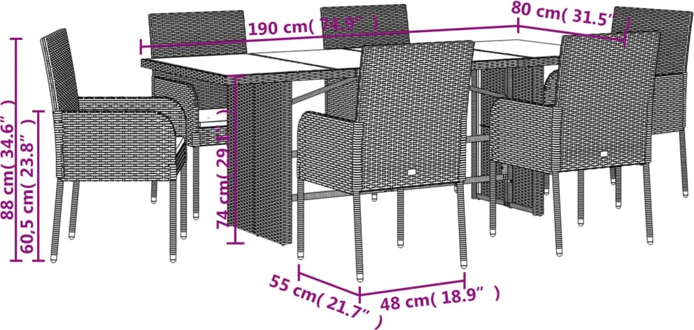 7dílný zahradní jídelní set s poduškami šedý polyratan 3213512