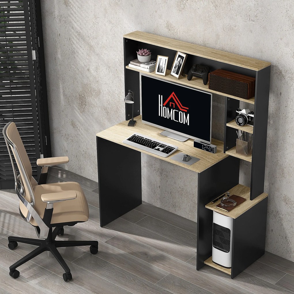 HOMCOM Stůl s policemi Moderní počítačový stůl s podstavcem na monitor CPU Kancelářské studium 114x45x138 cm Šedá a přírodní