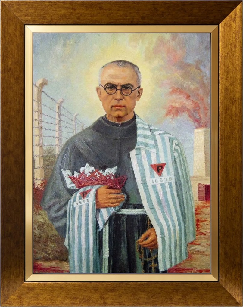 Maximilián Kolbe Sakrální Obraz Zlaté Plátno, Ozdobný Rám 30X40