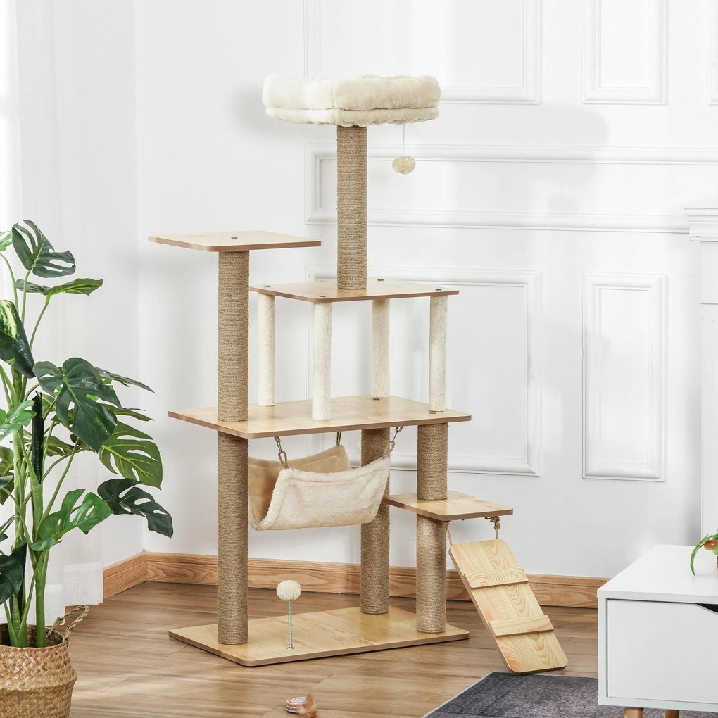 PawHut dřevěný kočičí strom s prolézačkou a kočičí jeskyní, jutové špalky, míčky na hraní, žlutý, 60x40x130cm pro aktivní kočky | Aosom.de