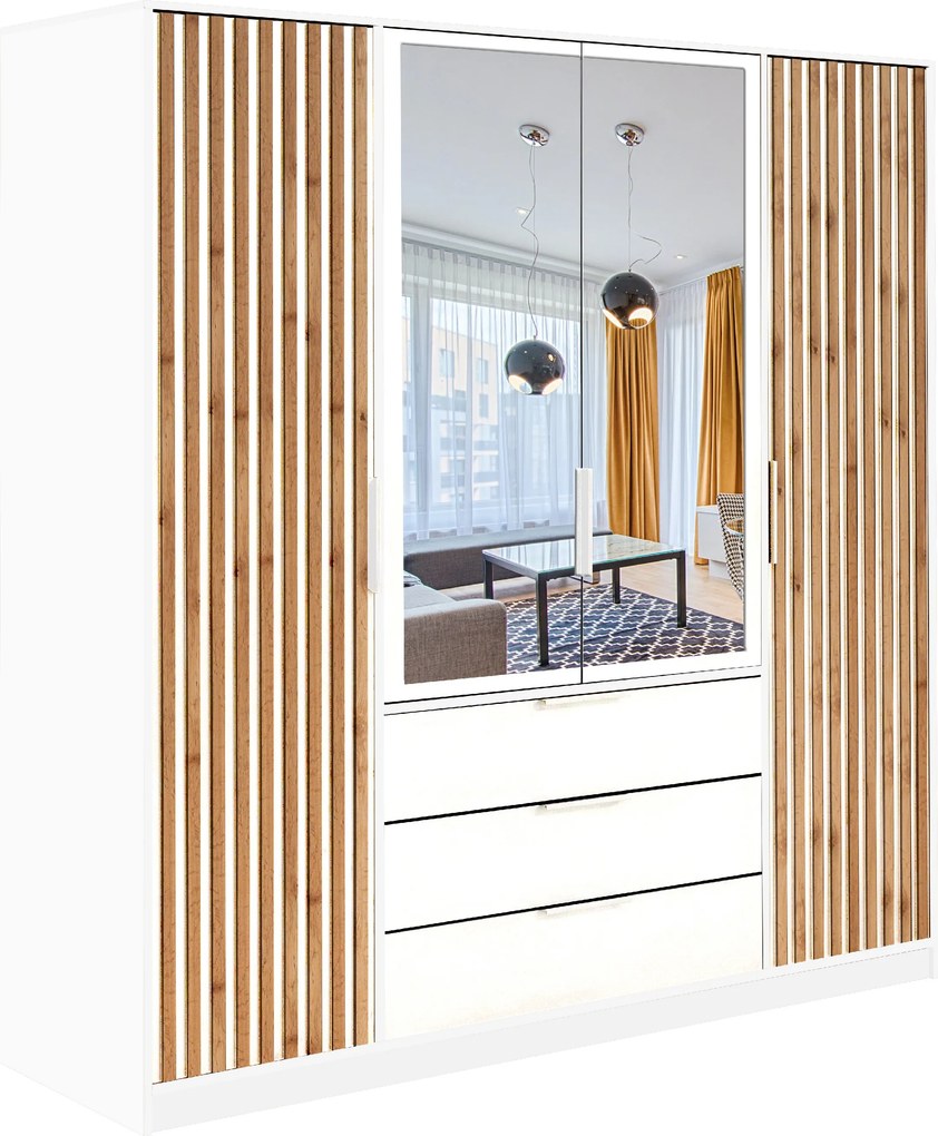 STO Šatní skříň BALI D4 LUX 196 cm, Bílá / Dub Votan