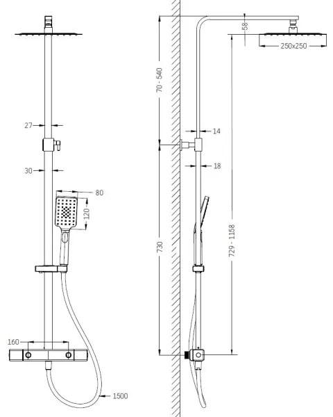 Sprchová sada s term baterií NAESBY lesklý chrom