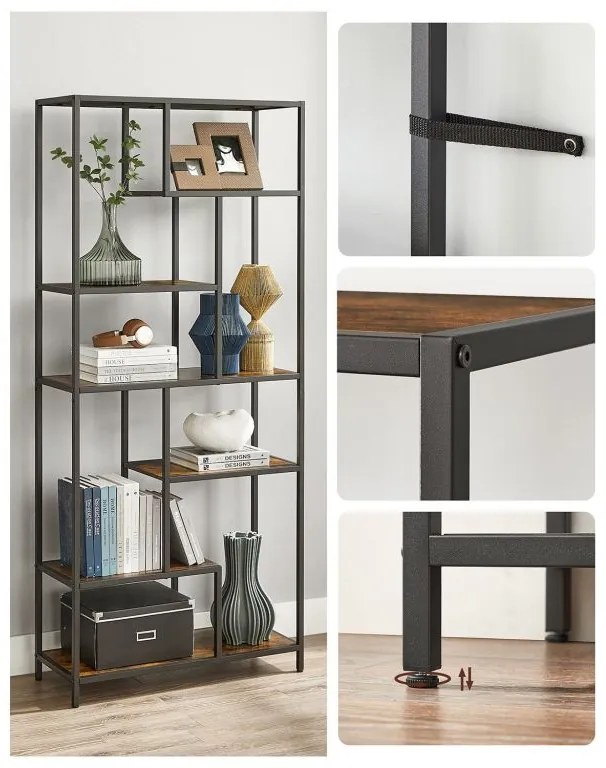 Industriální rustikální knihovna 180 cm, 6 polic