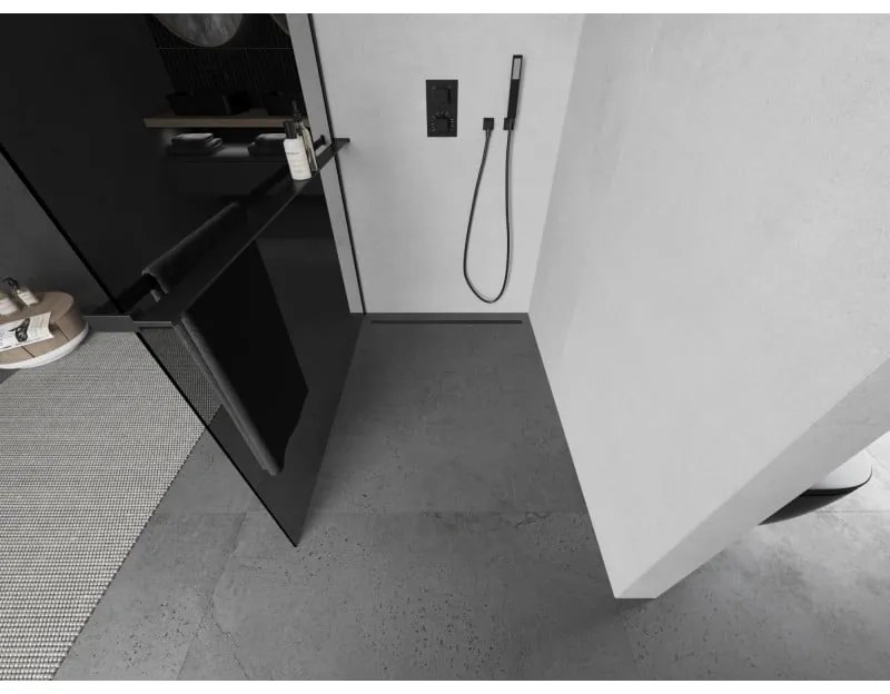Mexen Kioto+ L, sprchová zástěna Walk-In s poličkou a věšákem 80 x 200 cm, 8mm šedé sklo, černý profil, 800-080-123-70-40