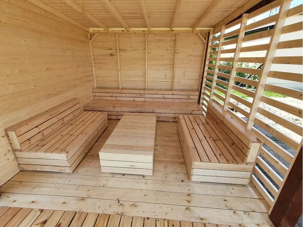 Dřevěný zahradní domek s dřevníkem MODERN TERASA 7x3m s dřevníkem