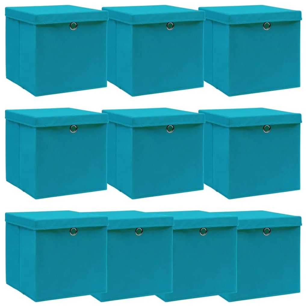 Úložné boxy s víky 10 ks bledě modré 32 x 32 x 32 cm textil 288376