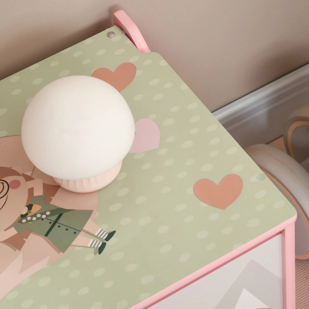 Úložný box s úložným prostorem, box na hračky s bezpečnostním závěsem víka, design roztomilých zvířátek, 60 x 37 x 39 cm, růžová barva