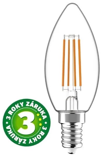 Prémiová retro LED žárovka svíčka E14 4,5W 470lm, denní, filament, ekv. 40W, 3 roky