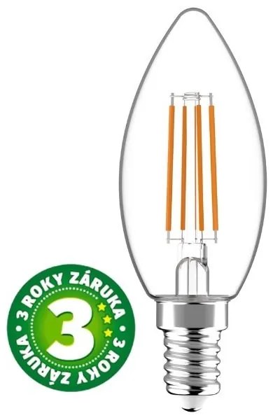 Prémiová retro LED žárovka svíčka E14 4,5W 470lm teplá, filament, ekv. 40W, 3 roky