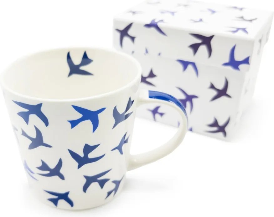 Porcelánový hrnek Mořští ptáci, bílý, 400 ml – modré siluety ptáků, motiv moře a svobody