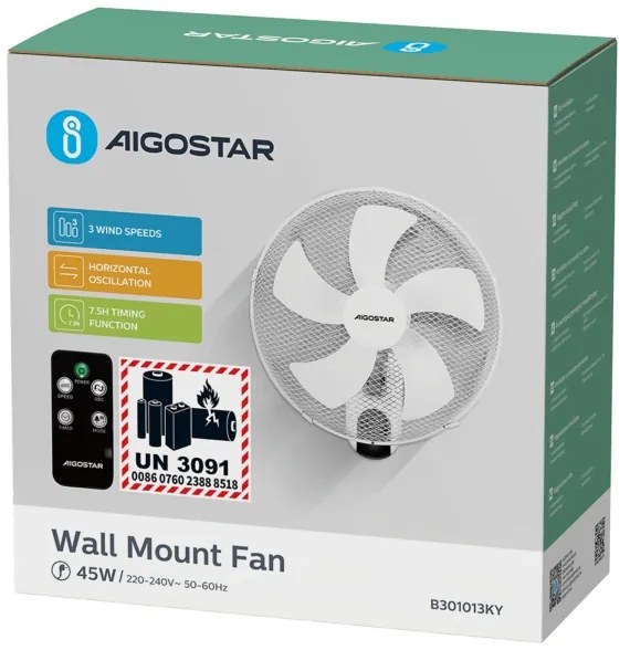 Aigostar - Nástěnný ventilátor 45W/230V bílá + DO
