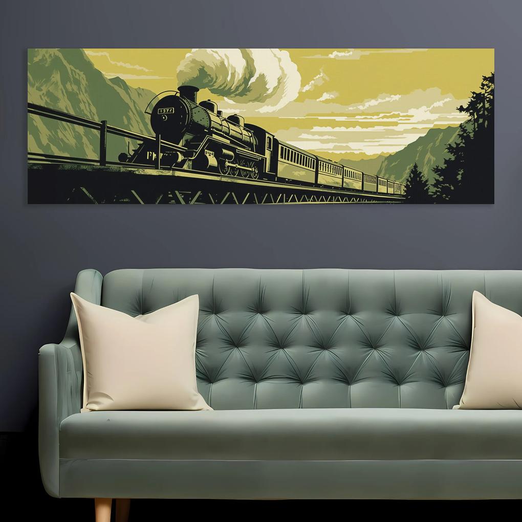 Obraz na plátně - Parní vlak v krajině zeleno-žlutý FeelHappy.cz Velikost obrazu: 120 x 40 cm
