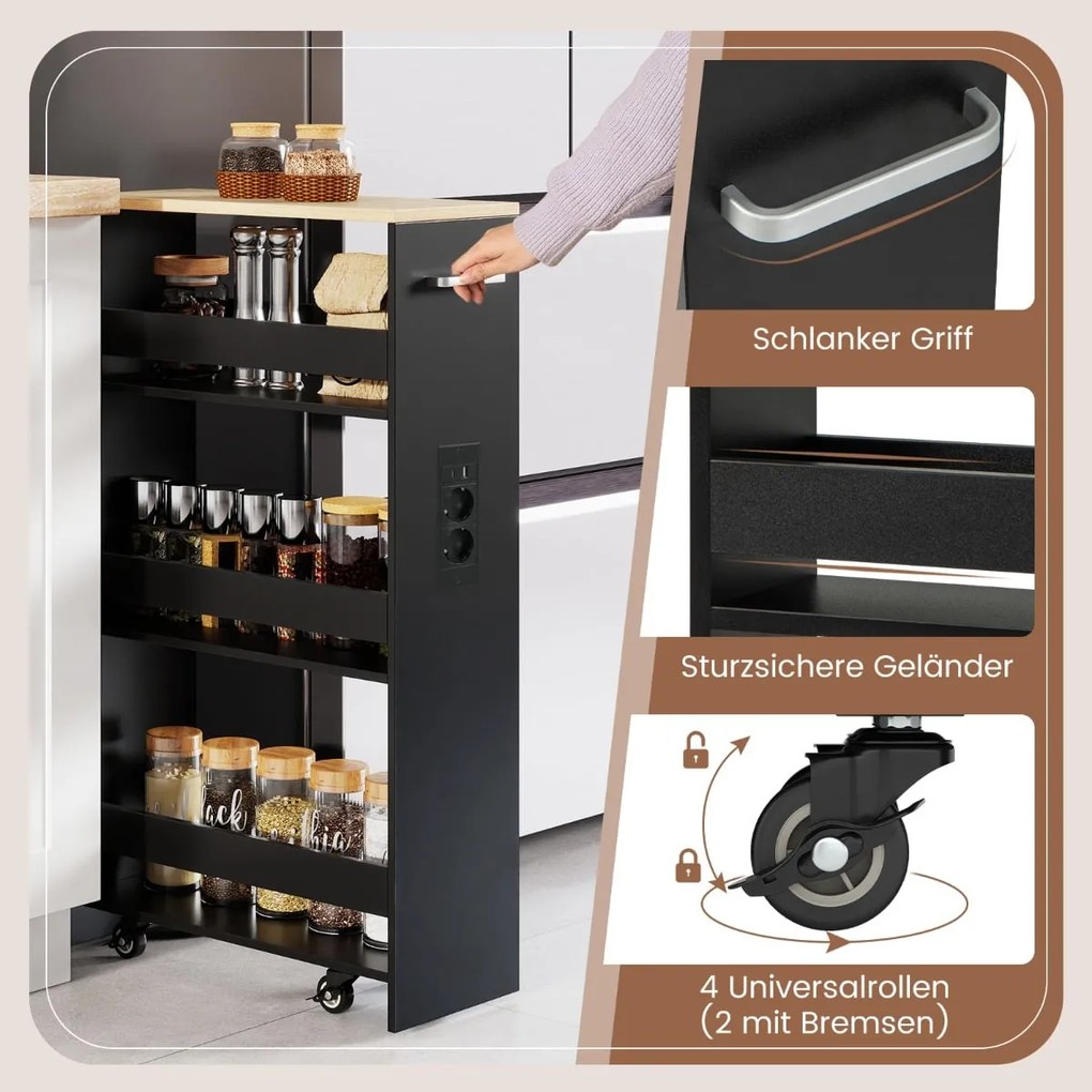 Costway 20 cm tenký úložný vozík s nabíjecí stanicí 4patrový