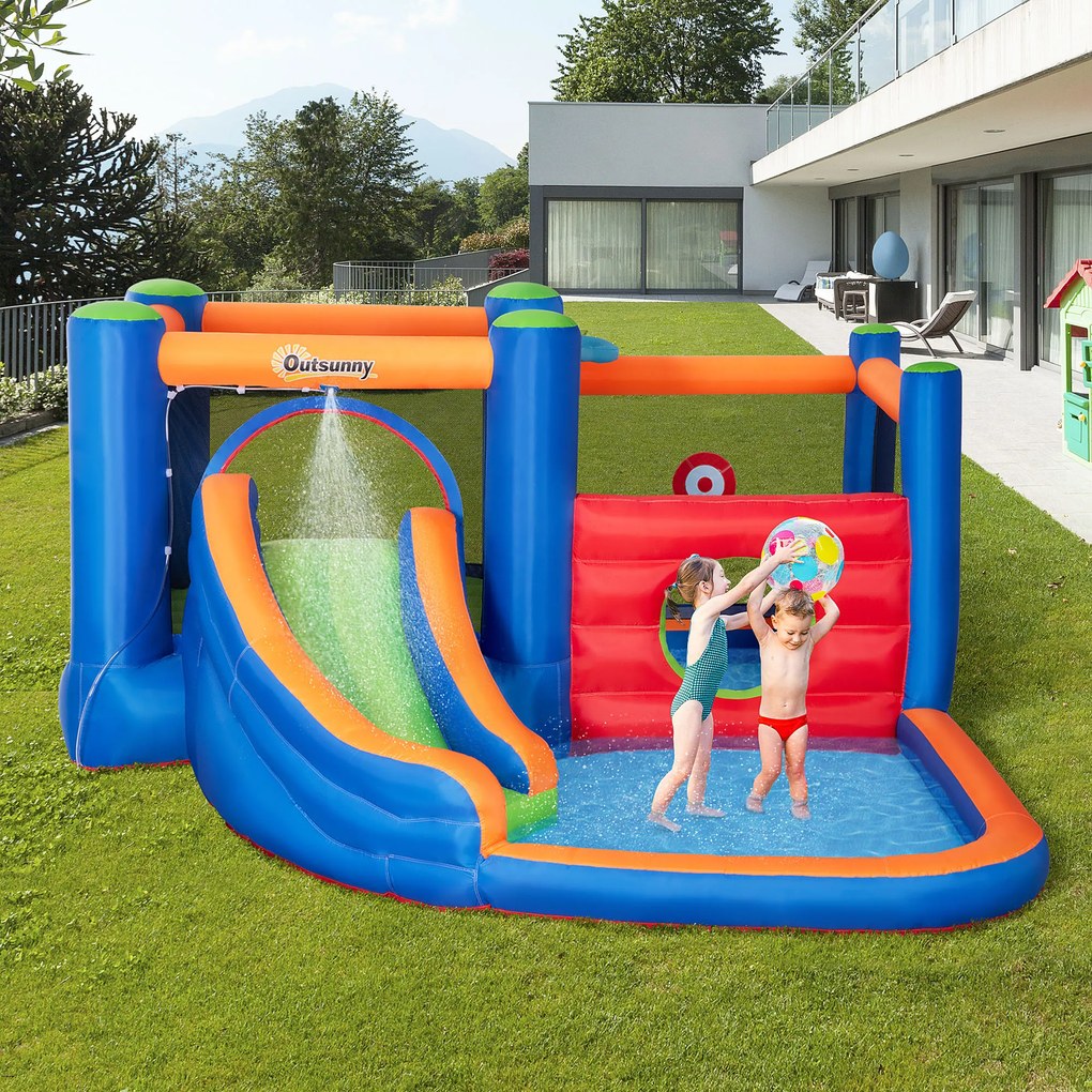 Nafukovací skákací hrad Outsunny, vodní park s nafukovačem, skluzavkou, basketbalovým košem, hrací centrum pro děti od 3 let, ideální na zahradu